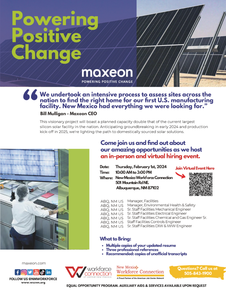 Maxeon Hiring Event - Workforce Connection of Central New Mexico